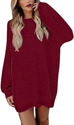 Generic Robes amincissantes pour femmes, robe tricot&eacute;e, col roul&eacute;, manches longues, couleur unie, pull slim 2026, bordeaux, M