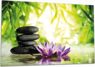 Wallario Herdabdeckplatte/Spritzschutz aus Glas, 1-teilig, 80x52cm, f&uuml;r Ceran- und Induktionsherde, Steinstapel in schwarz mit Blumenbl&uuml;te in lila