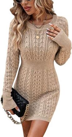 Onsoyours Robe Tricotée Femme Élégante Manches Longues Pull À Col en V Tunique Robe Tops Décontractée Chaude Mini Robe avec Fente 03 Kaki S