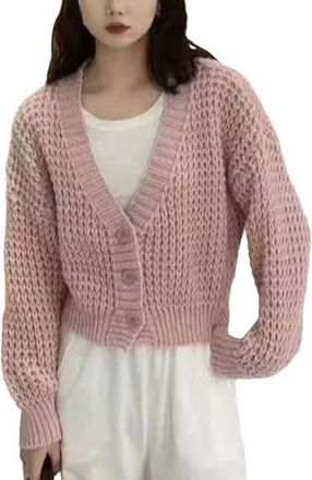 Generic Cardigan en tricot &eacute;pais pour femme avec col en V et bouton sur le devant, veste pull en laine douce et chaude, tenue basique dhiver, rose, Taille Uni
