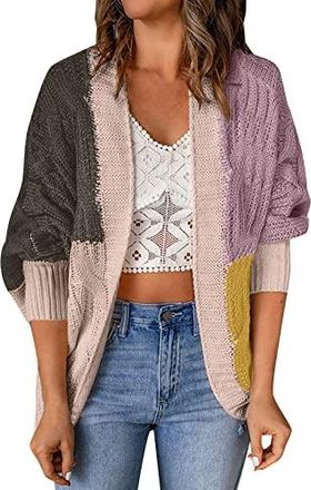 Generic Vestes pour femmes 2026 Mode &agrave; manches longues Colorblock Contraste Cardigan d&eacute;contract&eacute; l&eacute;ger en tricot doux, caf&eacute;, M