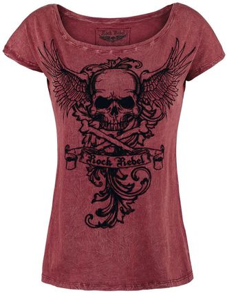 Rock Rebel by EMP Damen rotes rockiges T-Shirt in Crinkles-Waschung mit Totenkopf-Print XXL