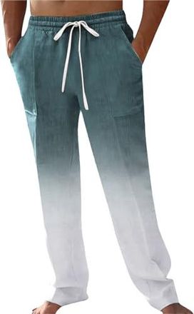 Generic Pantalon surdimensionn&eacute; en coton et lin pour homme, d&eacute;contract&eacute; et tendance, couleur unie, d&eacute;grad&eacute; de couleur, pantalon de plage en lin, pantalon l&eacute;ge