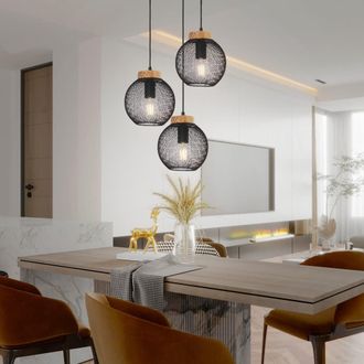 Globo Lighting H&auml;ngeleuchte Pendelleuchte Deckenlampe h&auml;ngend Vintage schwarz Metall Industrial, 3 flammig, Holz braun, 3x E27 Fassungen, DxH 44x120cm