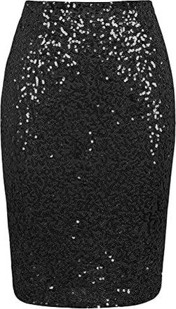 Minetom Femmes Jupe Paillettes Jupe Crayon Midi Taille Haute Brillant Moulant Jupe De Cocktail Soir&eacute;e Skirts A Noir M