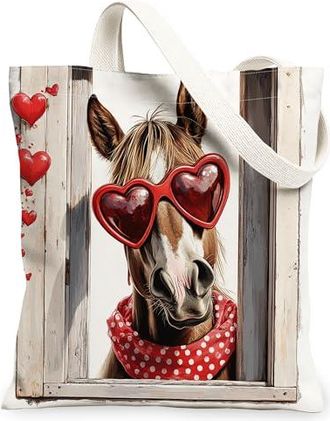 Generic Sac fourre-tout en toile motif chevaux pour faire du shopping 33 x 38,1 cm, sac &agrave; bandouli&egrave;re r&eacute;utilisable pour la Saint-Valentin, sac d&eacute;picerie r&eacute;uti