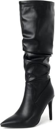 Generic Bottes montantes &agrave; bout pointu et &agrave; talon aiguille pour femme - Chaussures dhiver &agrave; enfiler - Veau large, Noir, 37.5 EU