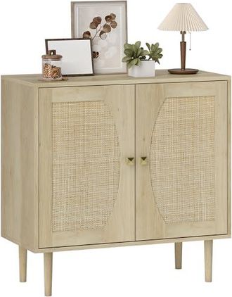 HOMCOM Buffet de Cuisine Meuble de Rangement Design boh&egrave;me Double Portes avec 2 Niveaux, fa&ccedil;ade en cannage 80 x 38 x 79 cm Effet Bois Naturel