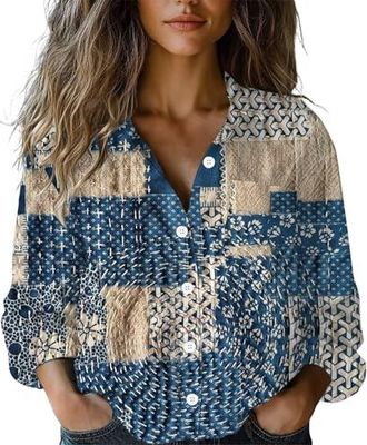 Generico Chemise Femme d&Eacute;t&eacute; D&eacute;contract&eacute;e Manches Longues Blouse en Lin Coton &Eacute;l&eacute;gant Respirant Chemisier Col en V L&eacute;ger Chemises Vintage Imprim&eacute; avec Boutons C