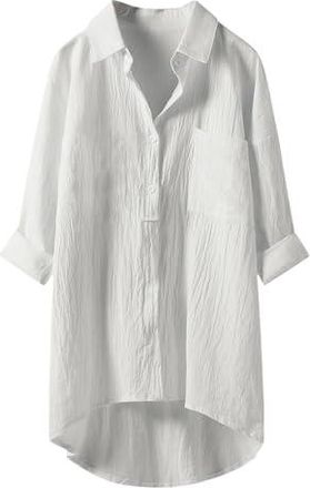 Generic IQYU Chemisier long d&eacute;contract&eacute; pour femme - Chemisier en lin - Manches longues - Blanc - Chemise d&eacute;t&eacute; l&eacute;g&egrave;re - Blouse en mousseline - &Eacute;l&eacute;gant - Avec 