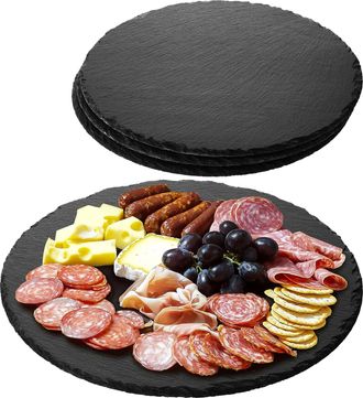 Navaris Schiefer Teller Platzset 4-teilig inkl. Kreide - Ø28cm Schieferplatten 4x Servierplatte - Servierteller Schieferplatte Sushi Geschirr rund