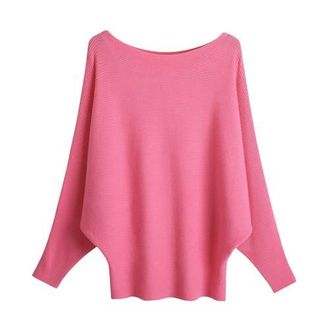 Generic Pull en tricot &agrave; manches chauve-souris et col bateau pour femme - Automne et hiver - Long pull chaud en tricot c&ocirc;tel&eacute;, rose rouge, Taille unique