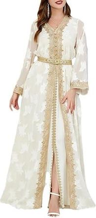 Generic Lot de 2 robes de soirée caftan marocaines musulmanes pour femme musulmane Aïd Ramadan Dubaï Turquie Abaya, Blanc 01, XL