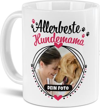 Tassendruck Hunde-Tasse mit Foto Allerbeste Hundemama - Persönliches Geschenk für Hundefreunde zum Geburtstag | Personalisiertes Geschenk, 300 ml, Weiß
