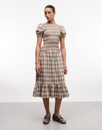 Daisy Street Robe mi-longue fronc&eacute;e &agrave; carreaux avec taille basse et manches bouffantes - Marron-Brown