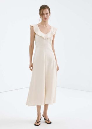 Mango Robe lin volant&eacute;e sable - Femme - XS - MANGO