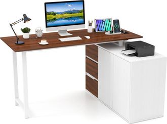 Costway Bureau en Forme L R&eacute;versible avec 3 Tiroirs, Bureau dangle avec Armoire &agrave; Dossiers et Prise &Eacute;lectrique, Station de Travail Informatique, Brun + Blanc