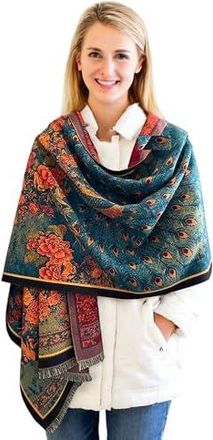 GFM Châle en cachemire à motif de plumes de paon - Vert bleu - (PCKSHL-B)