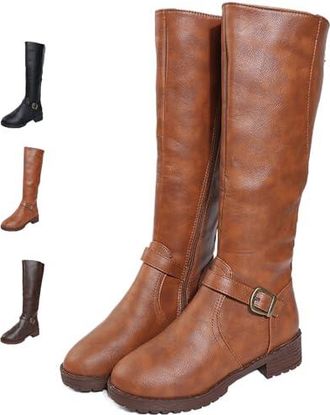 Generic Bottes montantes pour femme, mollet large, bottes d&eacute;quitation plates &agrave; talon bas, bottes longues en cuir marron avec fermeture &eacute;clair lat&eacute;rale, confor