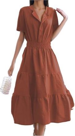 Generic Robe de plage boh&egrave;me 2026 pour femme d&eacute;t&eacute; 2025 d&eacute;contract&eacute;e midi maxi l&eacute;g&egrave;re &agrave; manches courtes col en V taille &eacute;lastique poches, rouge brique, XXL