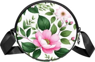Generic Petit sac &agrave; bandouli&egrave;re circulaire pour femme, motif feuilles florales, sac &agrave; dos avec fermeture &eacute;clair, bretelles r&eacute;glables, sac &agrave; main rond d&eacute;contra