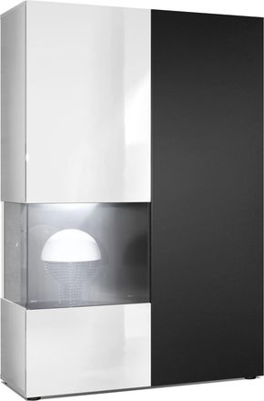 Vladon Vitrine Kommode Hochschrank Morena, Made in Germany, Korpus in Wei&szlig; matt/Rechte T&uuml;r und der Einsatz in Schwarz matt, inkl. LED Beleuchtung