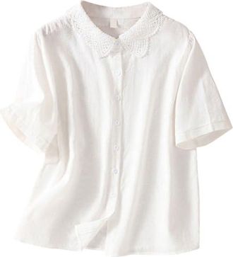 Generic Chemises en coton et lin pour femme - Broderie d&eacute;contract&eacute;e - Manches courtes - Respirant - Col boutonn&eacute; - Chemisier pour femme, blanc, XXL