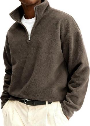 Generic Pull en polaire à col montant Sherpa avec fermeture éclair quart de long, vêtement dextérieur thermique décontracté à manches longues pour homme, marr