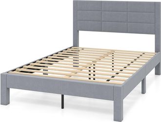 Costway Costway - Cadre de Lit Double, Sommier Tissu Velouté avec Tête de Lit, Support Lattes en Bois, Patins Réglables, 200 x 140 cm, Charge 250 kg, Gris