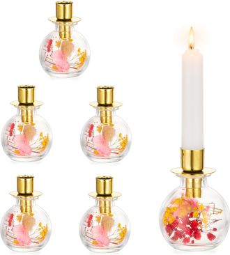 Nuptio Trockenblumen Kerzenständer Stabkerzen Kerzenhalter: 6er Kerzenhalter Adventskranz Weihnachten Geschenke für Frauen Glas Stabkerzenhalter Gold Tischde