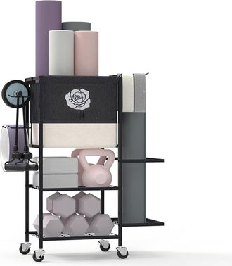 Generic Aufbewahrungsregal for Yogamatte, Heim-Fitnessstudio, Organizer for Trainingsger&auml;te, Gewichte mit Rollen f&uuml;r(Black)