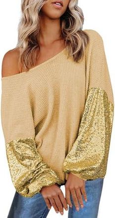 Generic Chemisier &agrave; paillettes &agrave; &eacute;paules d&eacute;nud&eacute;es pour femme, sweats &agrave; la mode d&eacute;contract&eacute;s en patchwork brillant, pull en tricot &eacute;l&eacute;gant, couleur unie, &eacute;paul