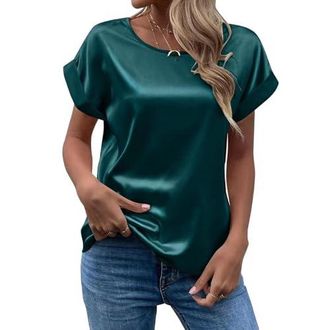 Generic Chemisier en satin de soie pour femme, col rond, manches courtes, tenue d&eacute;contract&eacute;e, haut &agrave; manches courtes, t-shirt &agrave; col rond, green-b, XL