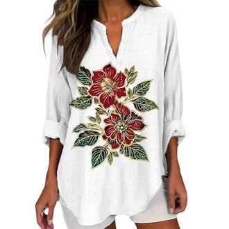 Generic Chemisier Femmes Coton Et Lin Chic Et Elegant Casual Chemisiers Et Blouses Ete Manche Longues Col V L&acirc;che Tops L&eacute;g&egrave;re Respirant Tuniques Mode Coton Et