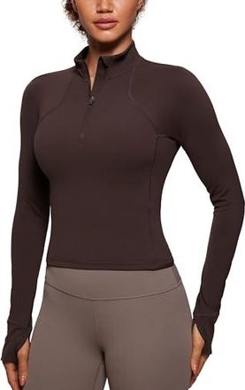 CRZ YOGA Femmes Butterluxe à Manches Longues 1/2 Fermeture Éclair Pullover Athlétique Recadré Hauts avec Trous pour Les Pouces Brun au Fudge Chaud 42