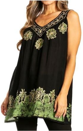 Sakkas C097 Broderie Batik Chemisier Col V sans Manches-Noir - Taille Unique