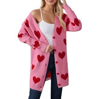 Generic Cadeau de Saint-Valentin 2026 - Cardigan en tricot coeur pour pull long ouvert sur le devant avec col et fermeture &agrave; bouton - V&ecirc;tement dext&eacute;rieur d&eacute;co