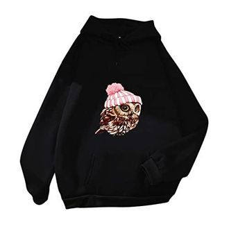 Generic Sweat &agrave; capuche mignon &agrave; manches longues pour femme, imprim&eacute; hibou, imprim&eacute; animal, haut pour adolescentes, v&ecirc;tements esth&eacute;tiques, Noir, XXL