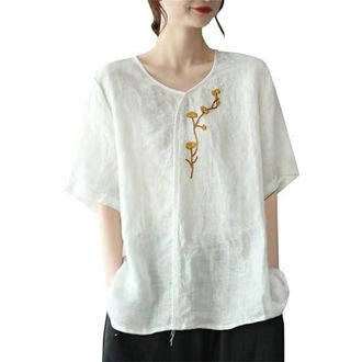 Generic Chemise d&eacute;t&eacute; en coton et lin pour femme - Style r&eacute;tro brod&eacute; - Manches mi-longues - Chemisier boh&egrave;me habill&eacute; d&eacute;contract&eacute; pour les vacances, blanc, XXL