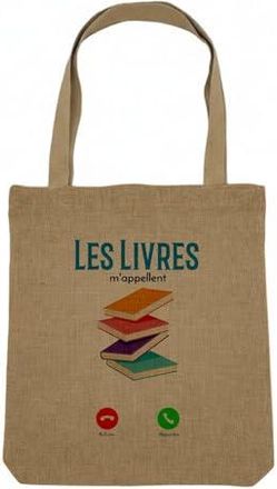 Fabulous Sac Shopping Tote Bag Aspect Lin - Les Livres MAppellent Passion Lecture - Sac de Courses Toile Epaisse 360g Beige Naturel Cabas Port&eacute; Epaule Solide I