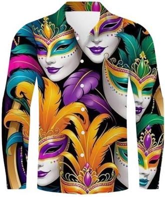 Generico D&eacute;guisement de carnaval pour homme Chemise &agrave; manches longues Hippie Chemise hawa&iuml;enne disco Chemises ajust&eacute;es et color&eacute;es avec col boutonn&eacute; et imprim&eacute;