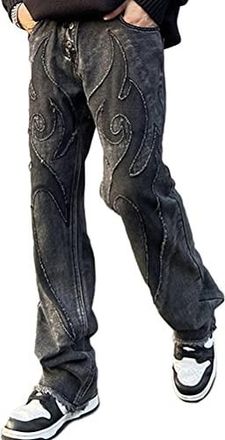 ORANDESIGNE Imprimer Streetwear Hommes Hip Hop Baggy Jeans Pantalon Y2K V&ecirc;tements Droit L&acirc;che Goth Denim Pantalon Y Noir M