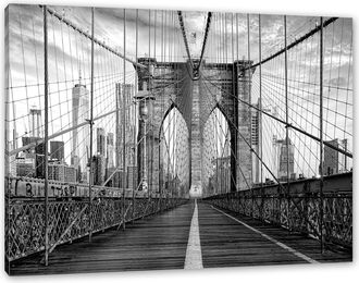 Pixxprint Leere Brooklyn Bridge in New York City, Monochrome, Größe: 120x80cm, Leinwandbild, fertig gespannt, Wandbild, Dekoration, Kunstdruck, kein Poster