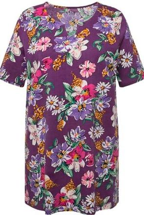 Ulla Popken Femme Grandes Tailles T-Shirt Long Floral &agrave; Manches Courtes. Ligne A et col Tunisien Prune 58+ 829511830-58+