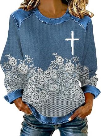 Generic Sweat-shirt &agrave; col rond d&eacute;contract&eacute; &agrave; manches longues confortable &agrave; manches longues pour femme - Haut de sport - Chemises dentra&icirc;nement, bleu ciel, XXL