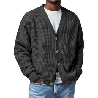 Generic Cardigan en tricot gaufr&eacute; textur&eacute; &agrave; manches longues et col en V pour homme, Noir, 5XL