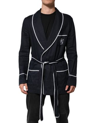 Dolce & Gabbana Mens Dark Blue Dg Embroidery Jacket Robe Blazer Linen Clothing