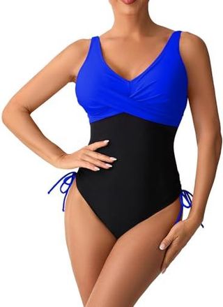 Generic Maillots De Bain Femme Une Pieces Gainant Et Amincissant rétro Slim plissé froncé avec Coussinet de Poitrine rétro (Blue, L)