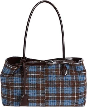 Generic Sac &agrave; main en laine &agrave; carreaux pour femme, couleur maillard, sac &agrave; bandouli&egrave;re, sac &agrave; provisions pour voyage, shopping, utilisation quotidienne, bleu,