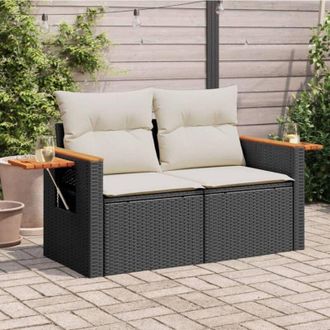 vidaXL Gartensofa mit Kissen 2-Sitzer Schwarz Poly Rattan - Vidaxl